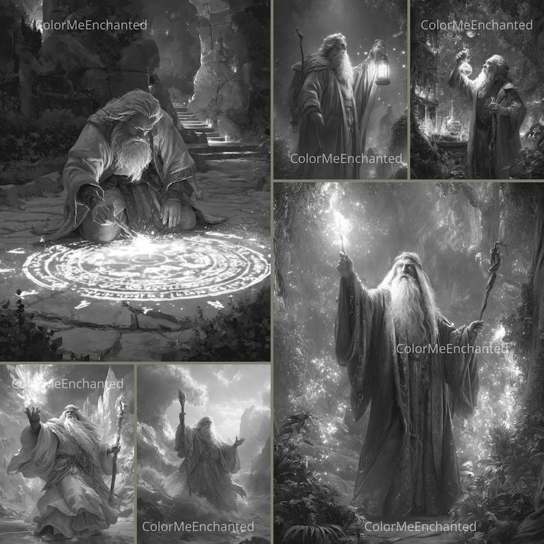 Wizard Grayscale Coloring Book, 50 Magical Printable Adult Coloring ...