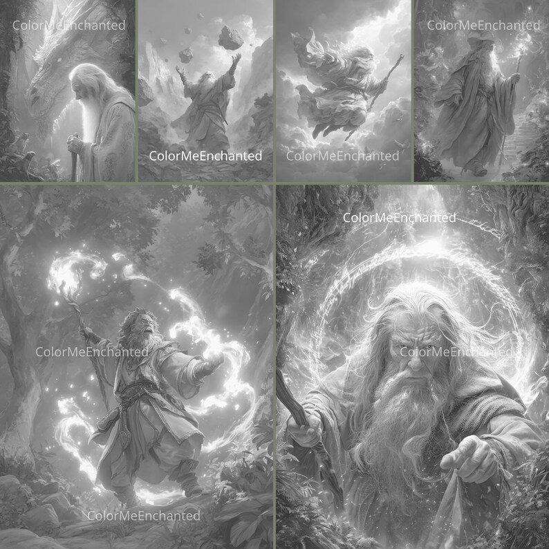Wizard Grayscale Coloring Book, 50 Magical Printable Adult Coloring ...