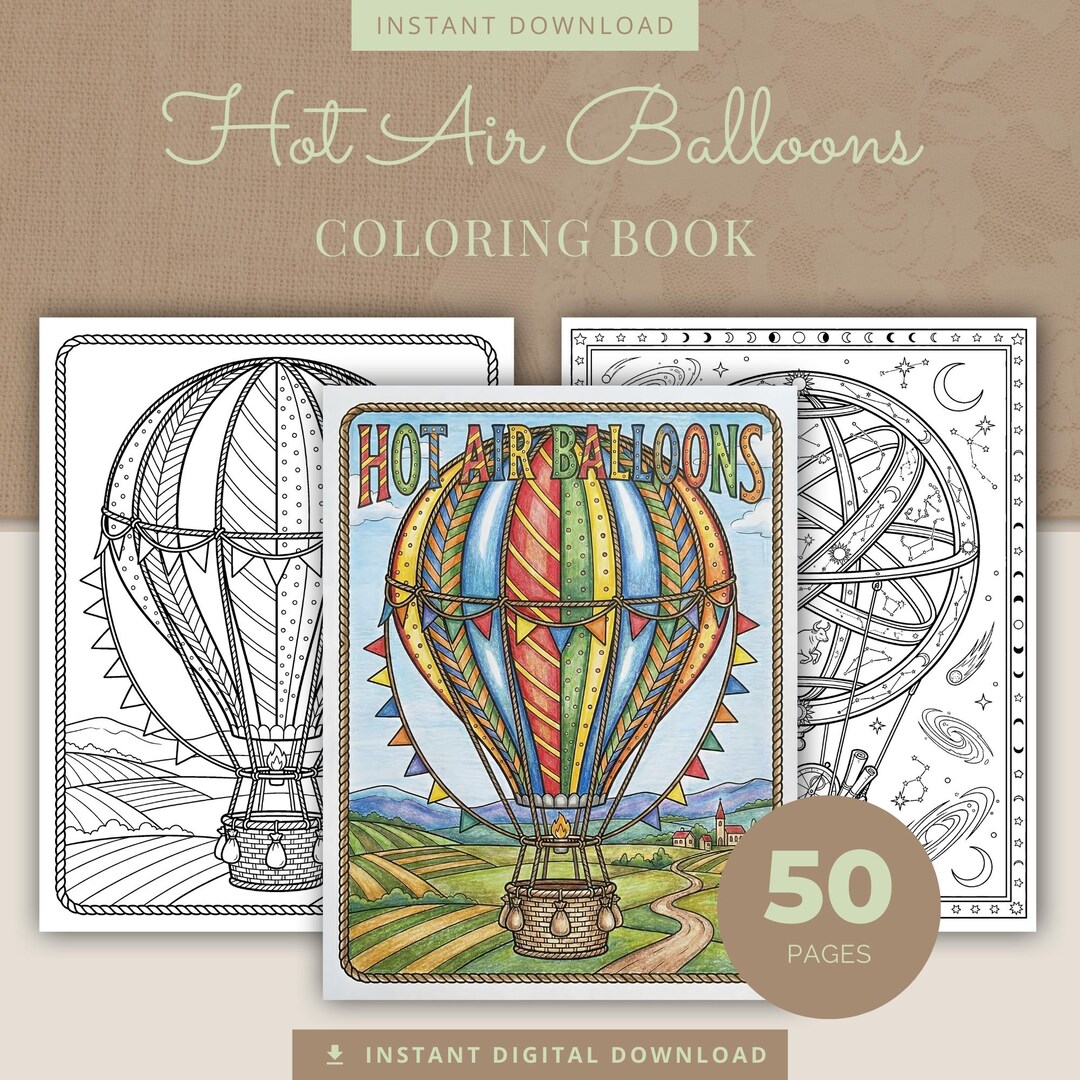 Hot Air Balloon Coloring Book, Detailed Sky Scene Printable Adult ...