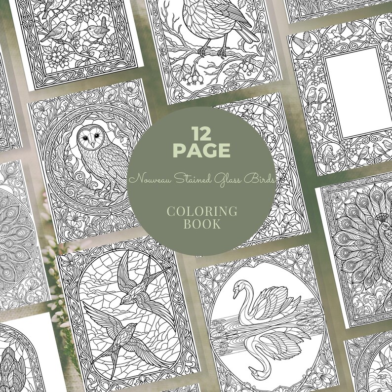 Art Nouveau Stained Glass Birds, 12 Coloring Pages (printable PDF) - Etsy
