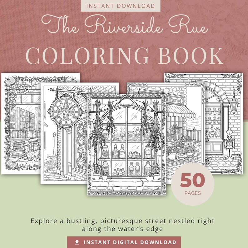 Riverside Village Coloring Book, 50 Cottagecore Printable Adult ...