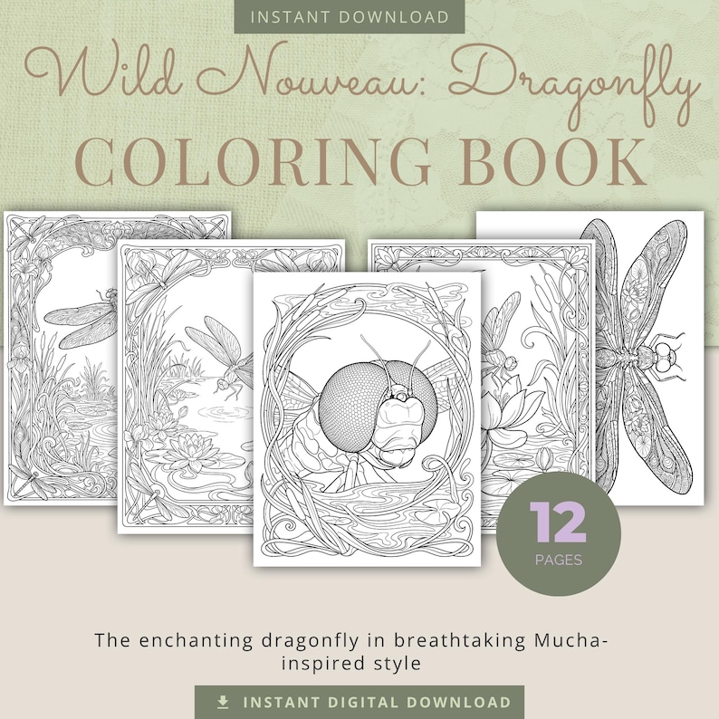 Dragonfly Coloring Book, 12 Art Nouveau Ethereal Printable Adult ...