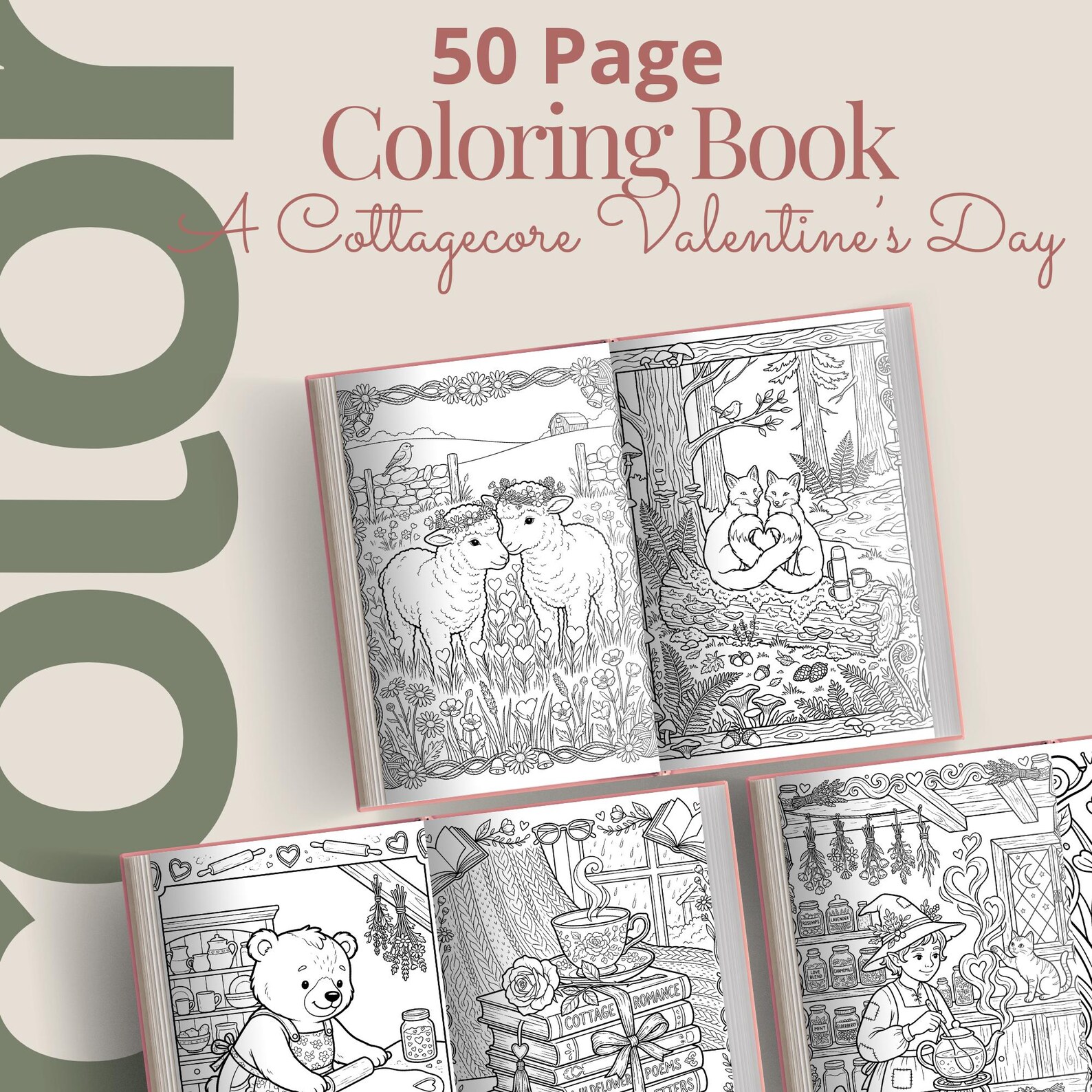 Cottagecore Valentine Coloring Book, 50 Rustic Romance Scenes ...