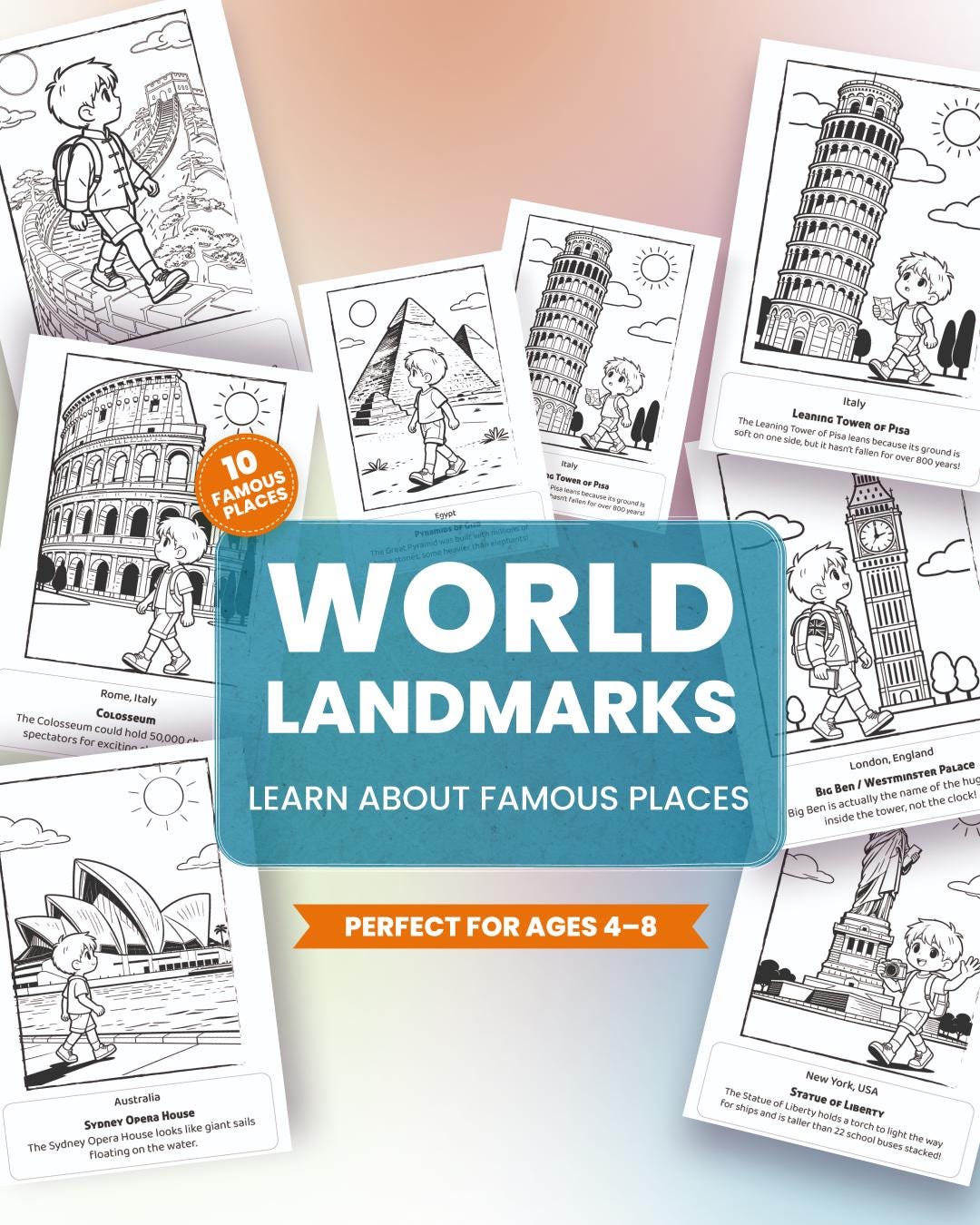 World Landmarks Coloring Pages – Kids Geography Activity (digital PDF ...