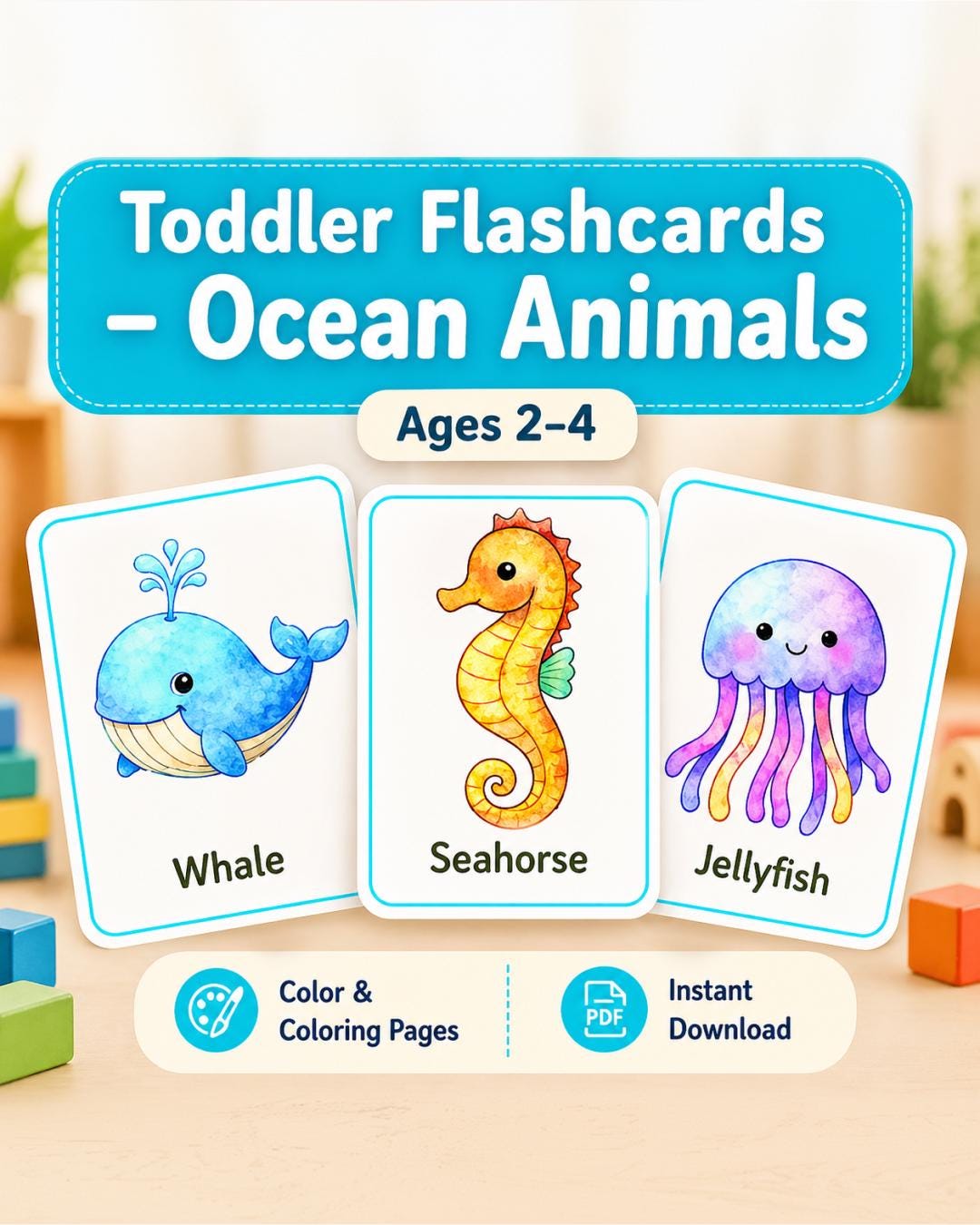 Ocean Animal Flashcards for Kids, Printable Learning Cards, Sea Animals ...