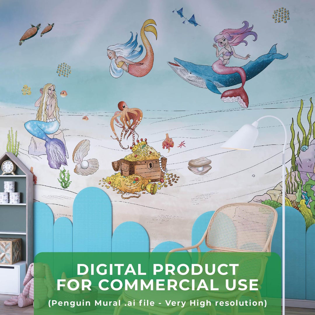 Mermaid Wall Mural - Underwater Kids Wallpaper - Digital Wallpaper - Etsy