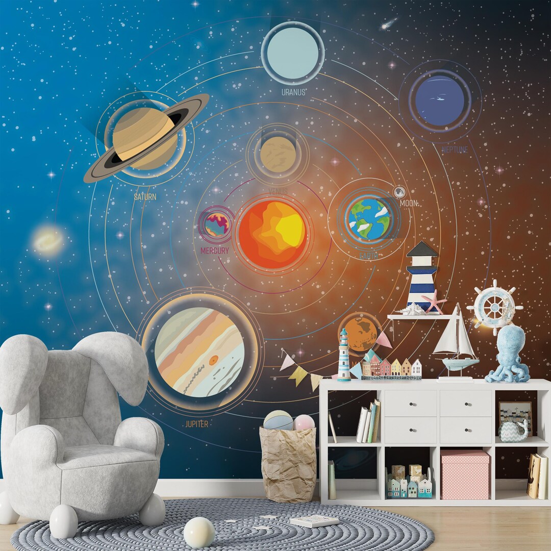 Solar System Wall Mural - Space Theme Wallpaper - Kids Room Galaxy ...