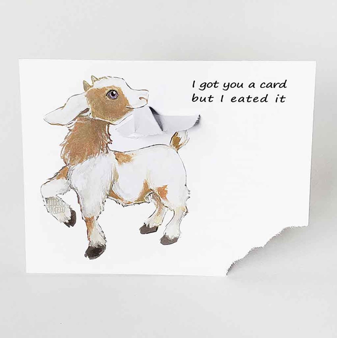 Funny Card, Cute Goat Art Greeting Card, Ripped Notecard, Blank Card ...