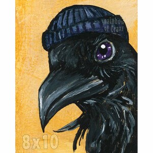 Crow Art, Raven Print, Skull Cap, Blue Beanie, Toque Hat, Black Bird ...