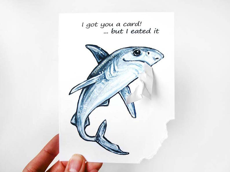 Funny Shark Card, Blue Shark Art, Handmade Card, Blank Card, Custom ...