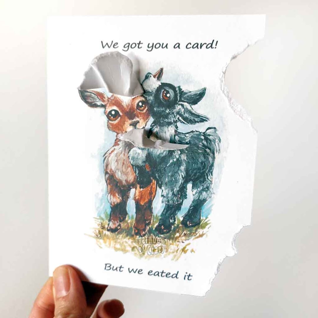 Funny Card, Cute Goat Art, Hungry Baby Goats, Thinking of You, Blank ...