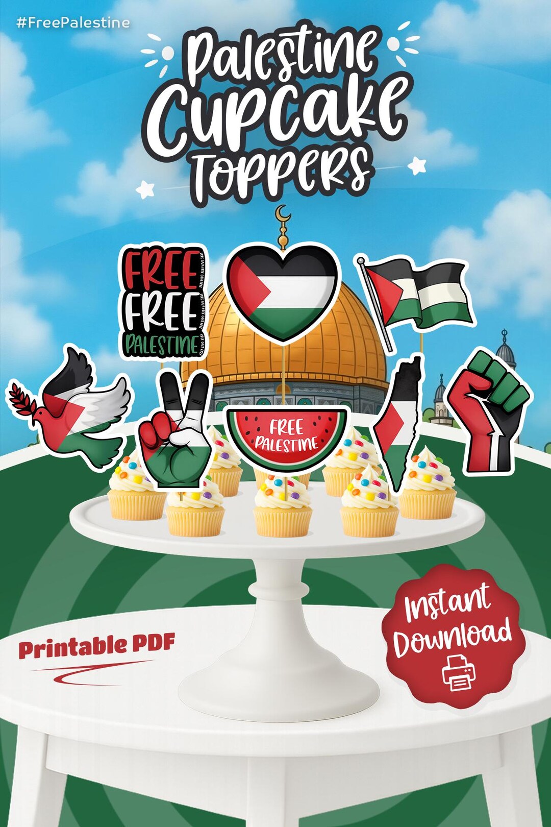 Free Palestine Cupcake Toppers, Printable Palestine Flag Cake Toppers ...