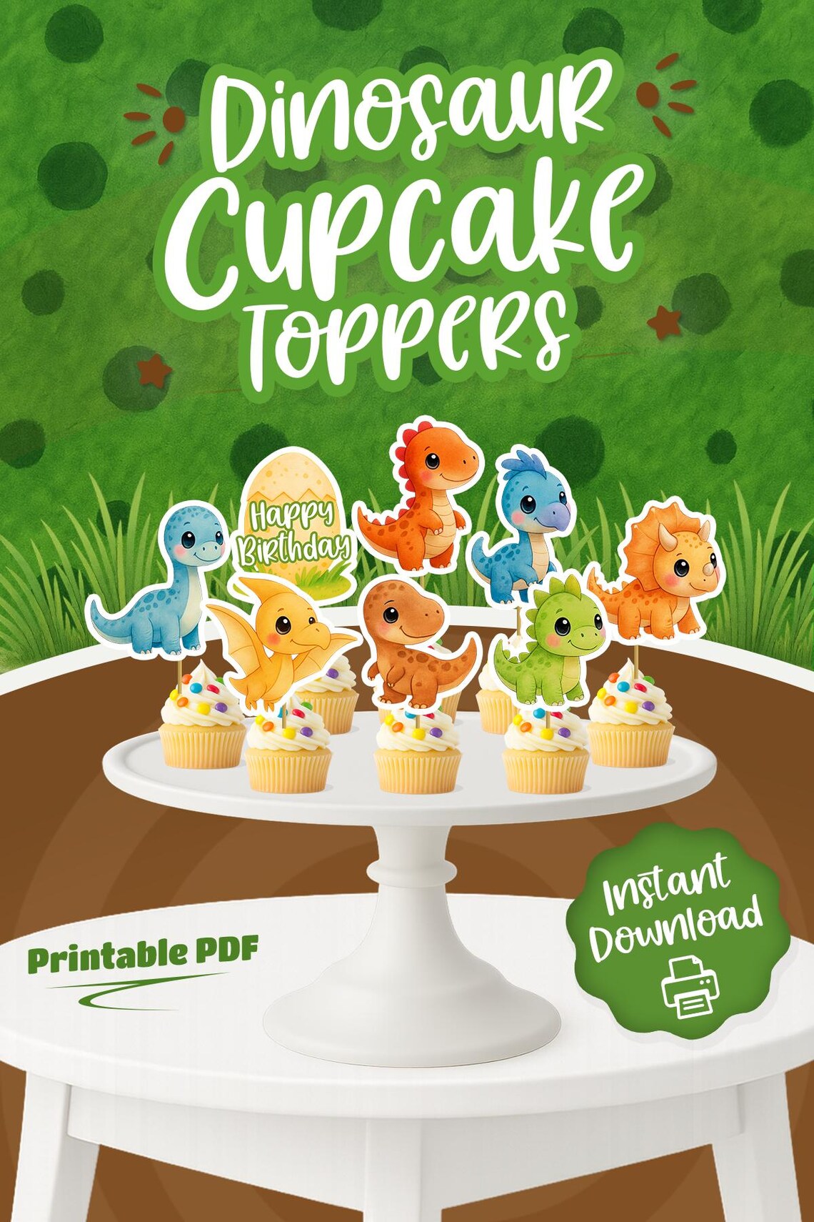 Dinosaur Cupcake Toppers, Printable Dino Birthday Party Decor (instant ...