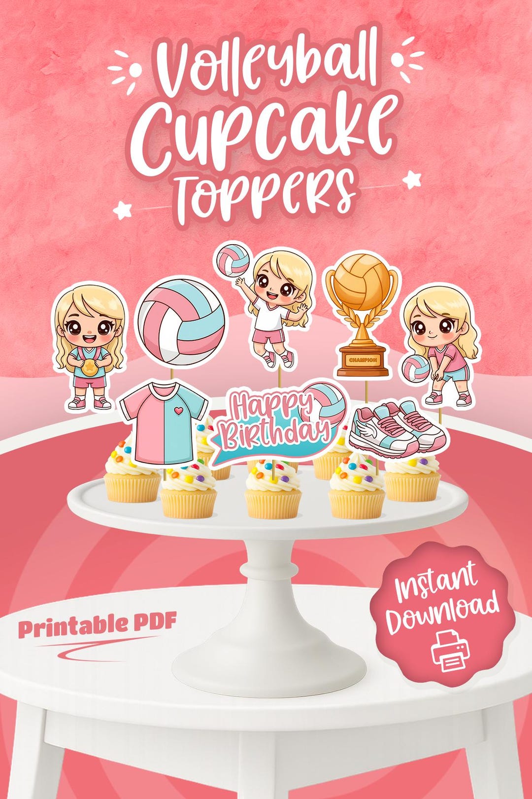 Girl's Volleyball Cupcake Toppers, Team Party Decor (printable PDF ...