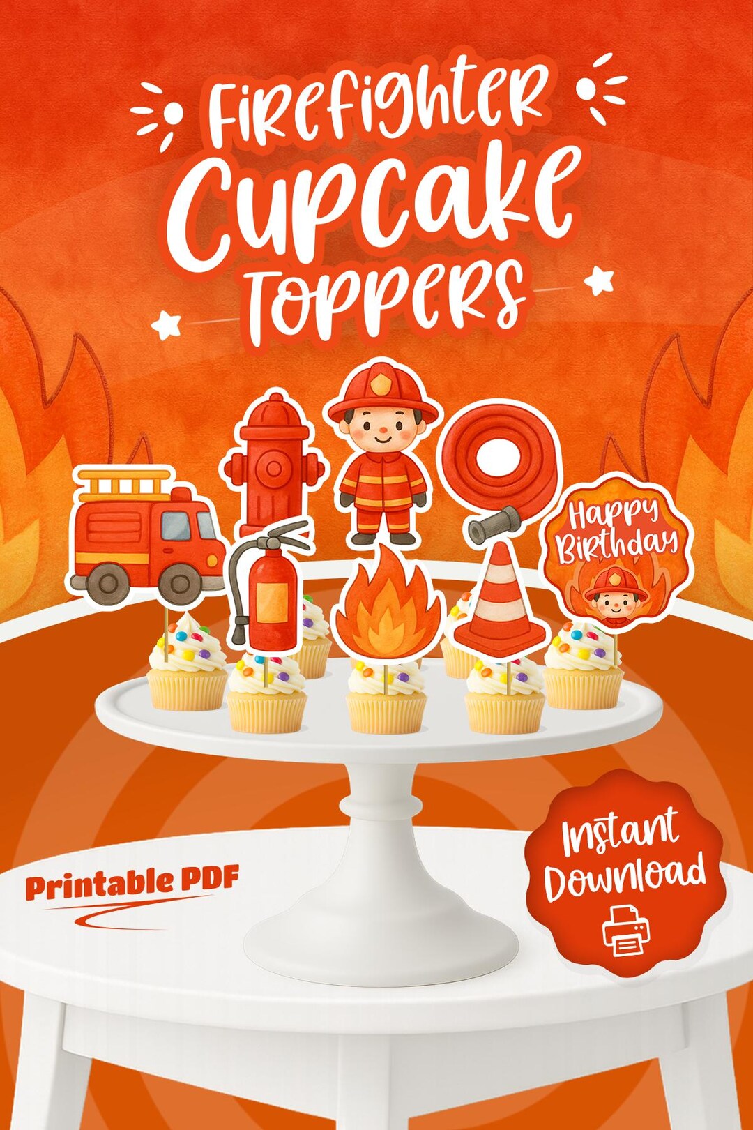 Firefighter Birthday Party Cupcake Toppers, Fire Truck Theme Picks ...