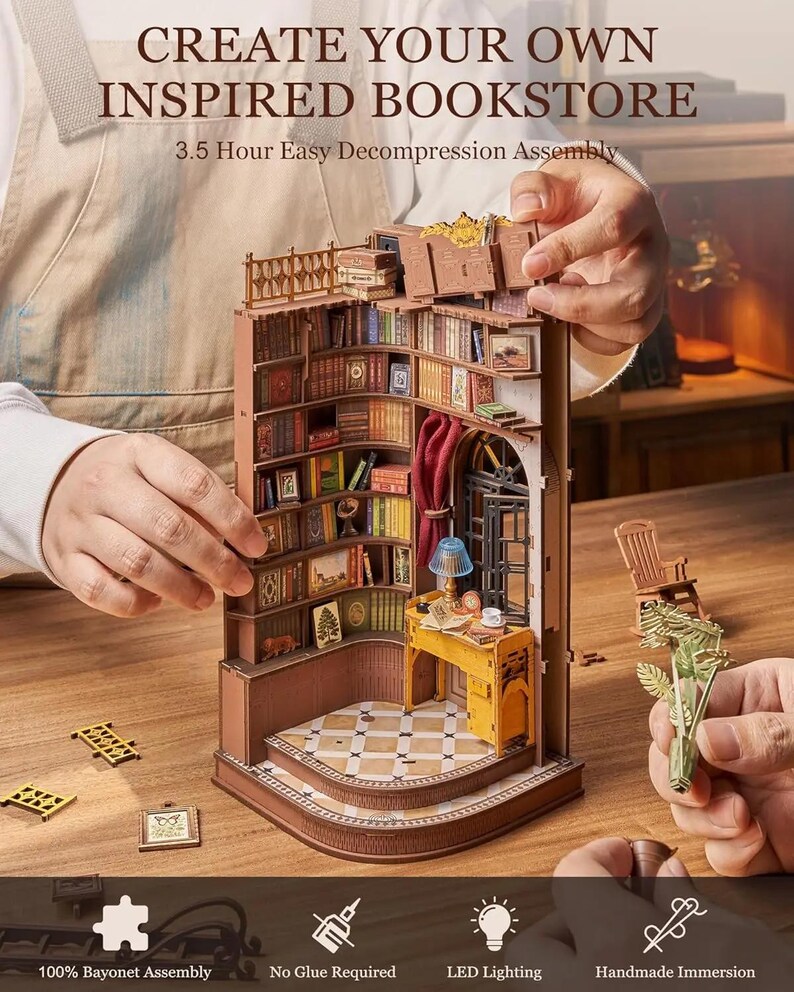 Rolife Silent Corner Study DIY Book Nook Shelf Insert Wooden Miniature ...