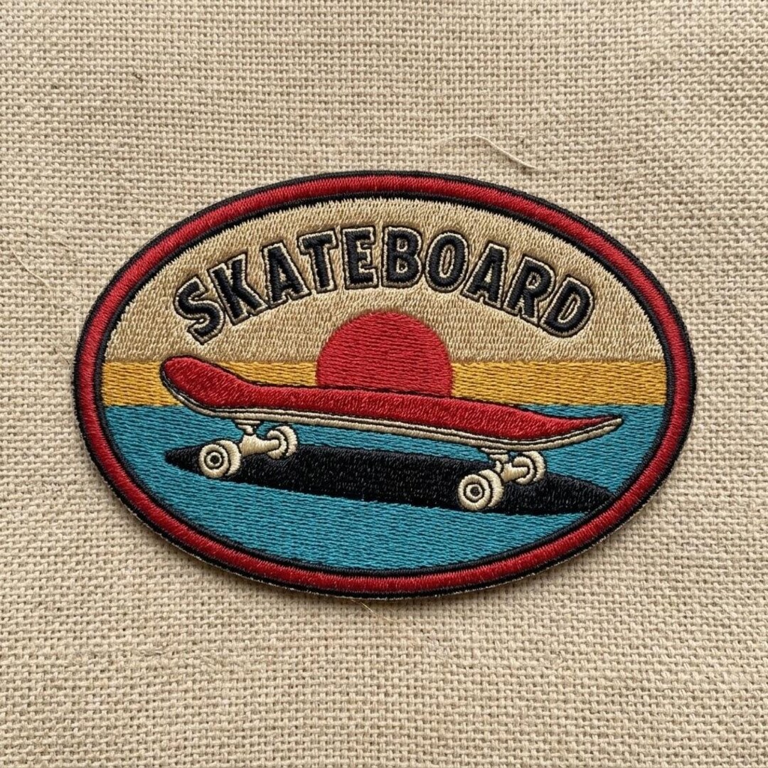 Retro Skateboard Embroidered Patch - Vintage Sunset Skater Badge - Oval ...