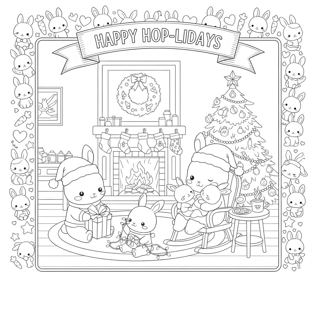 Christmas Rabbit Coloring Page, Holiday Printable, Christmas Activity ...