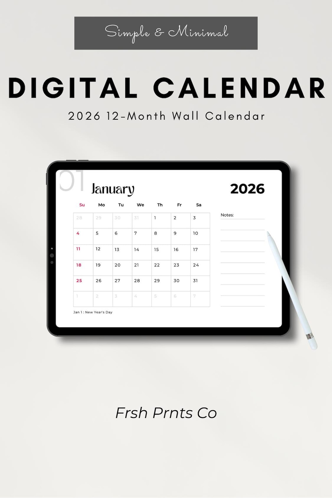2026 Minimalistic Digital Wall Calendar 12-months - Etsy