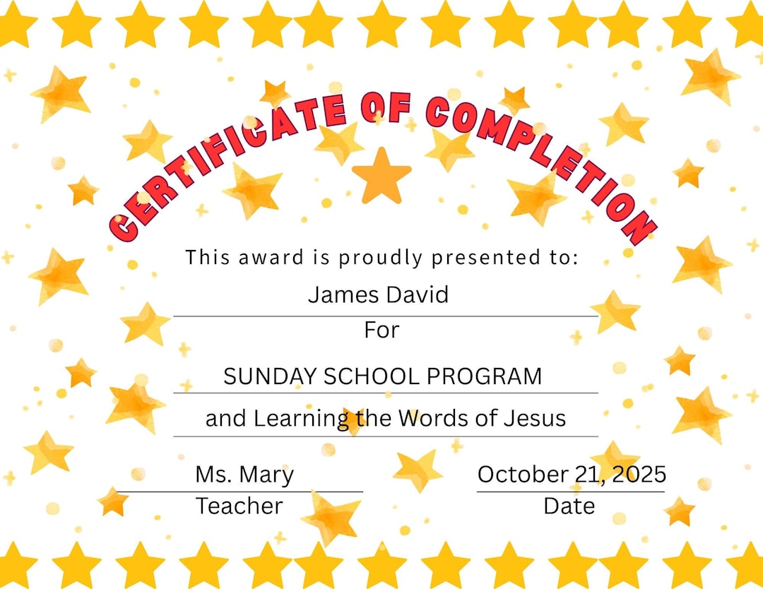Certificate of Completion, Sunday School Certificate, Kids Award - Etsy