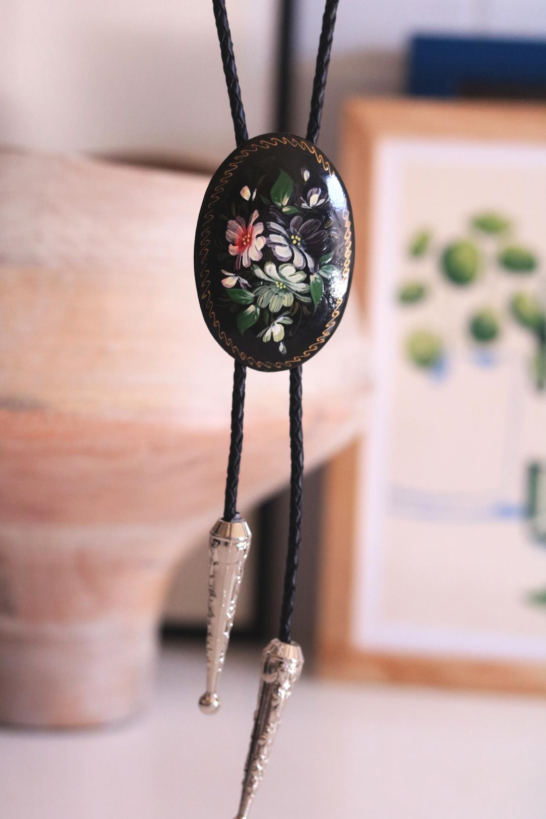 Vintage Floral Bolo Tie – One of a Kind Brooch Bolo, Black Leather ...