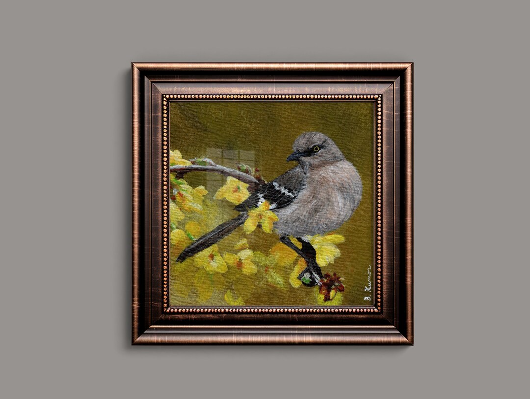 Northern Mockingbird Art Print, Bird and Yellow Flowers Giclee - Etsy