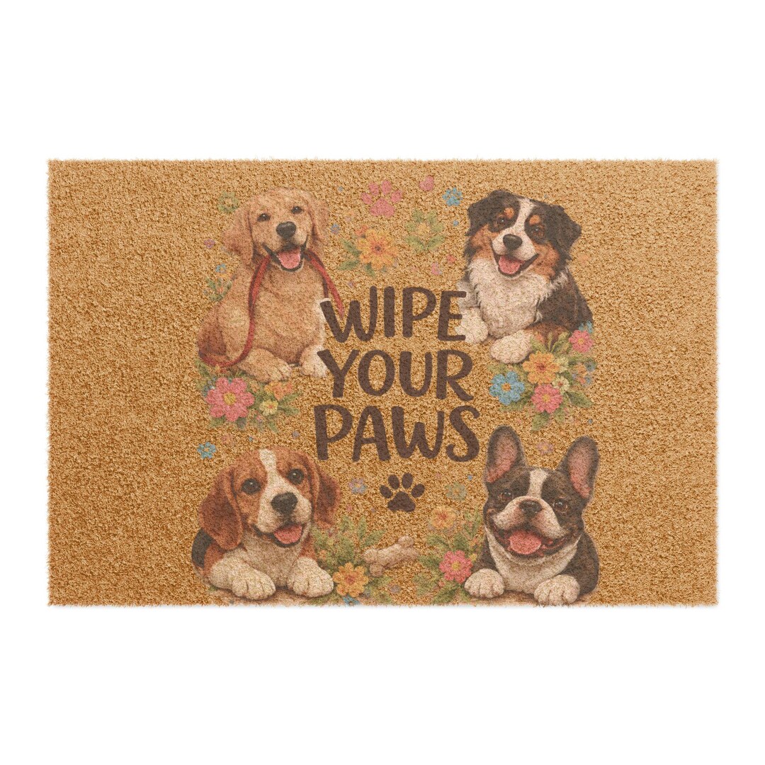 Wipe Your Paws Doormat | Dog Paw Print Welcome Mat, Floral Puppy Design ...