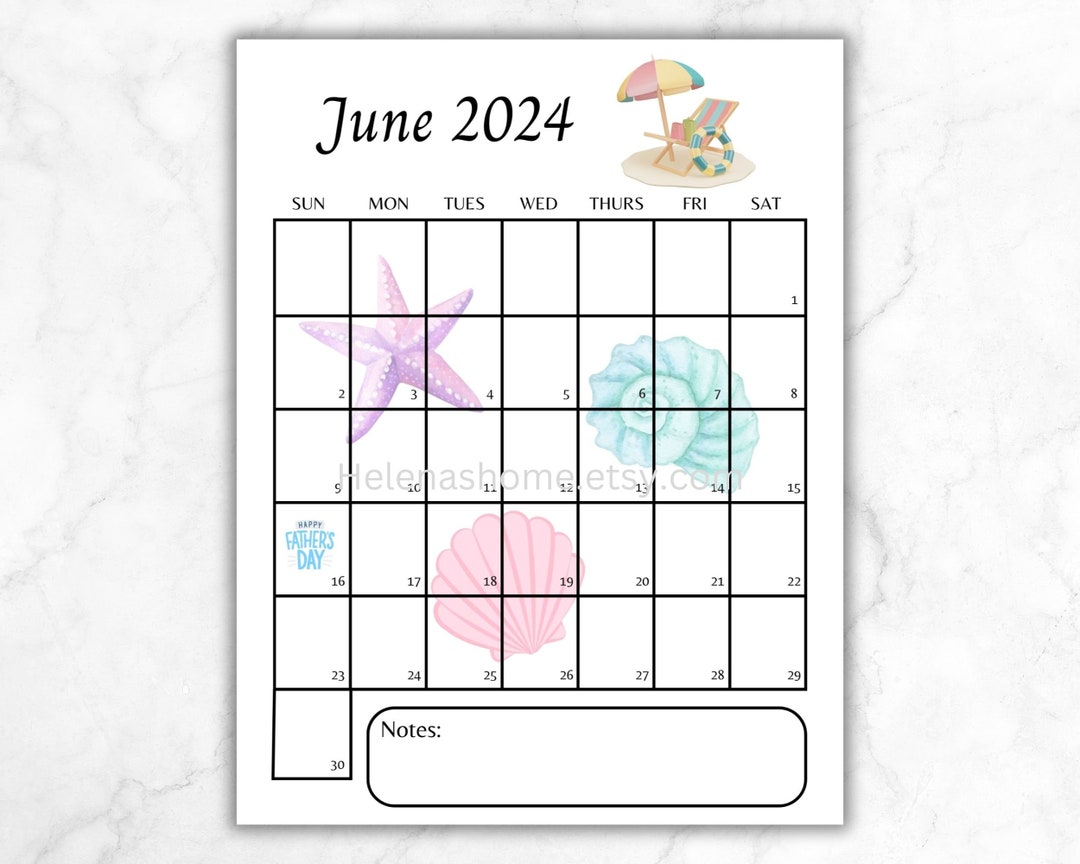 June 2024 Monthly Printable Calendar/beach Theme Calendar/family ...
