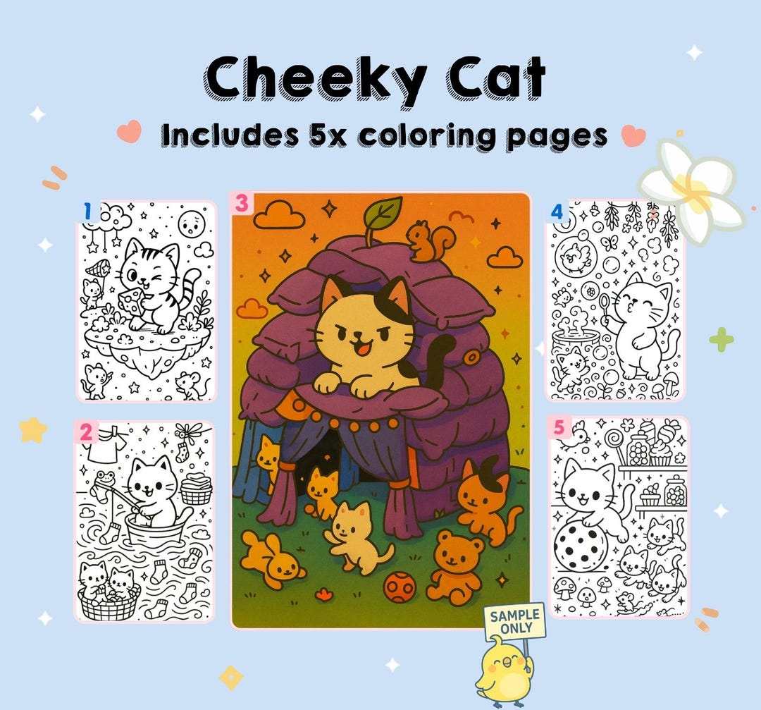 Cheeky Cat Kawaii Coloring Pages – Cute Cat Coloring Sheets for Fun ...