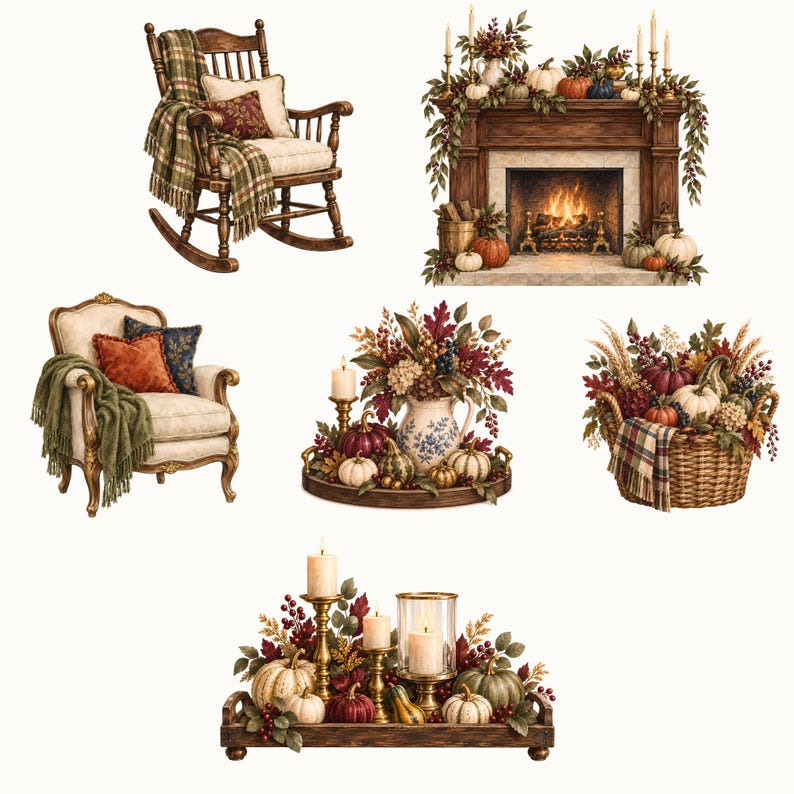 Vintage Thanksgiving Cottage Clipart Bundle, Fall Watercolor Home Decor ...