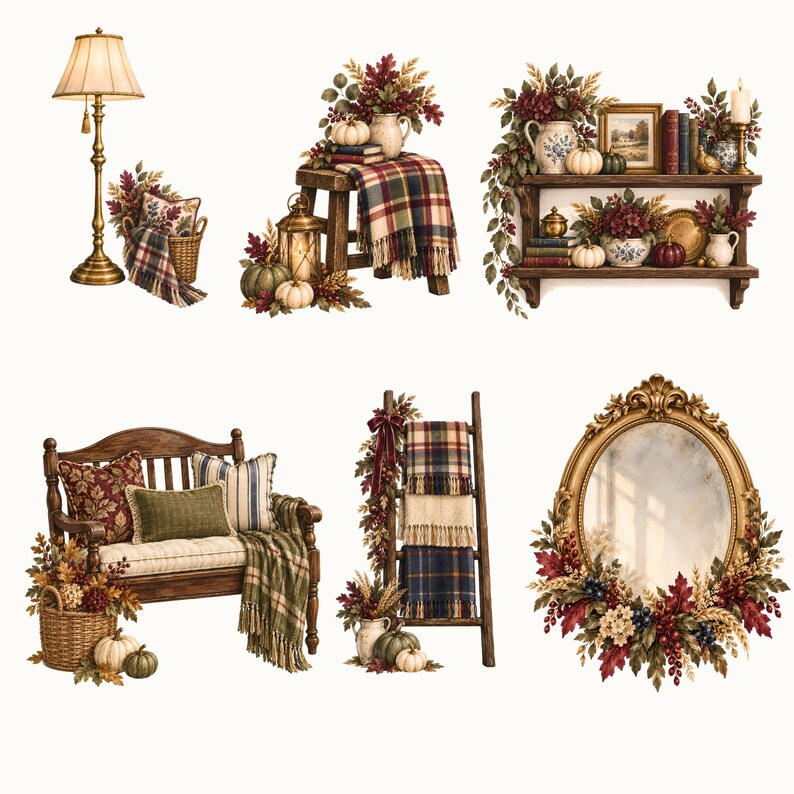Vintage Thanksgiving Cottage Clipart Bundle, Fall Watercolor Home Decor ...