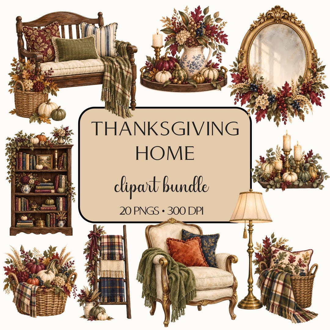 Vintage Thanksgiving Cottage Clipart Bundle, Fall Watercolor Home Decor ...