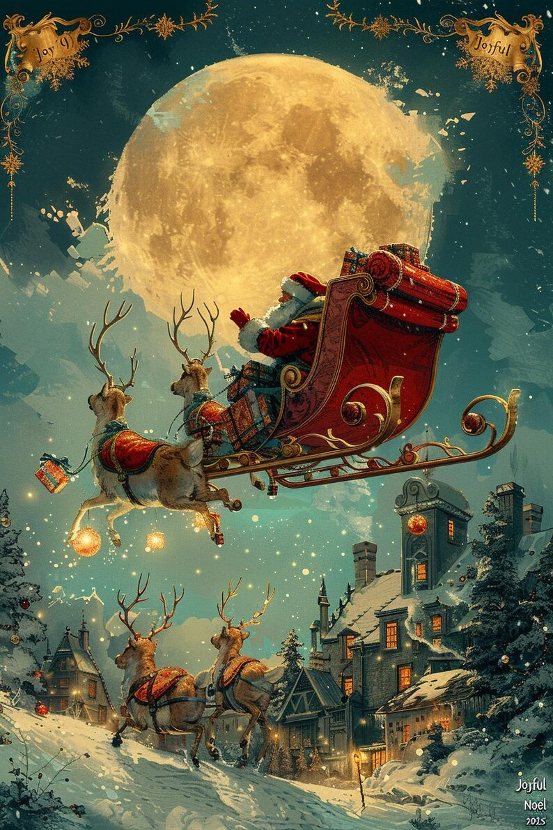 Whimsical Vintage Santa Sleigh Card Printable | Reindeer Holiday ...