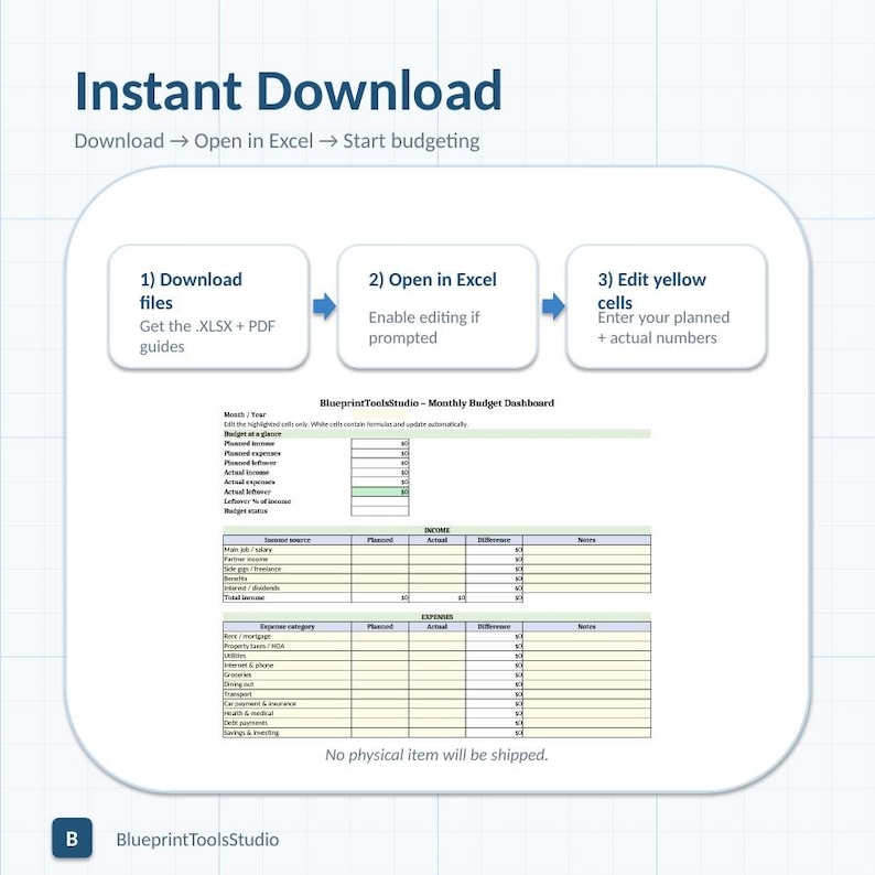 Monthly Budget Spreadsheet (excel) | Planned Vs Actual Budget Planner ...
