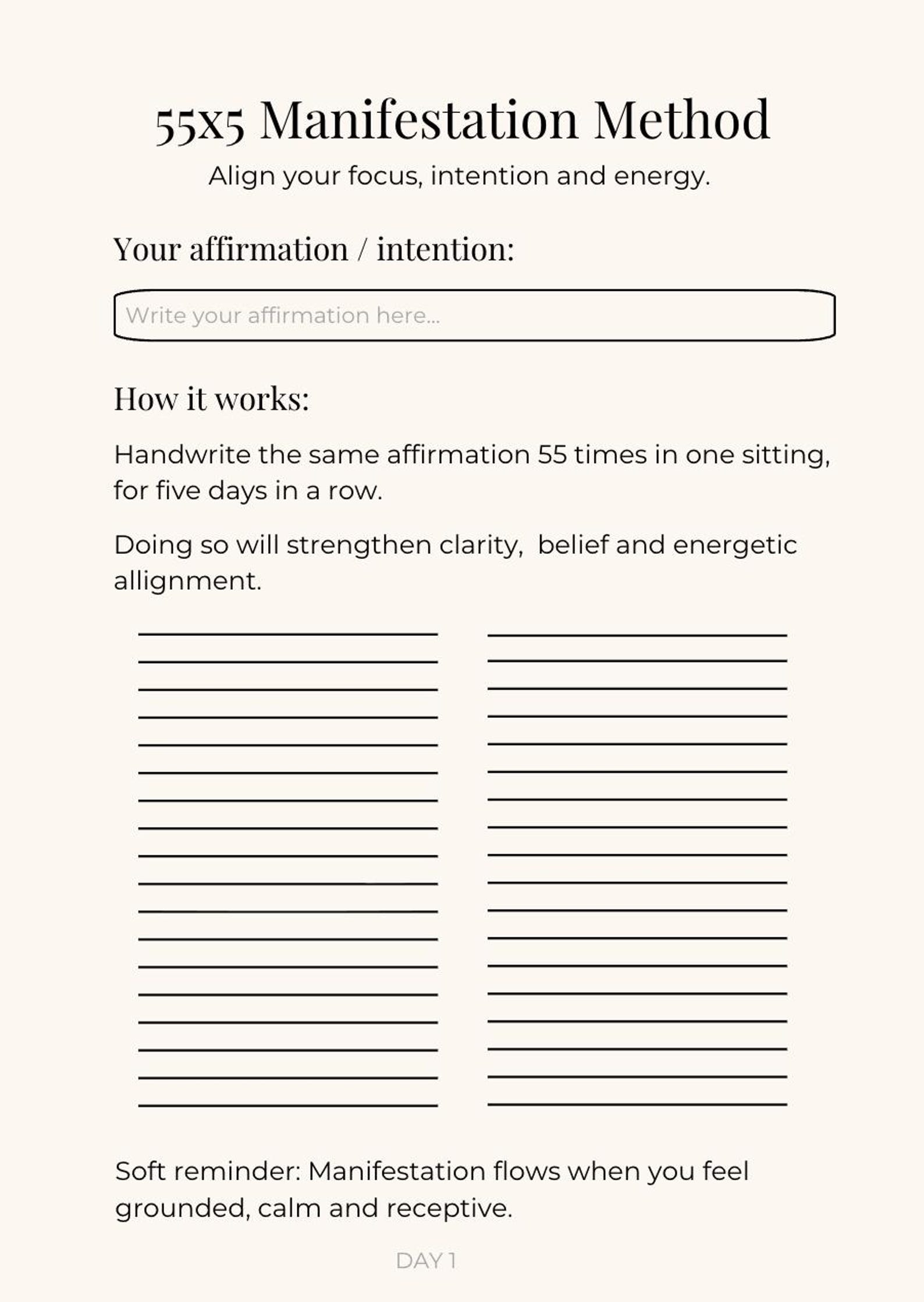 55x5 Manifestation Method Printable | Law of Attraction Worksheet ...
