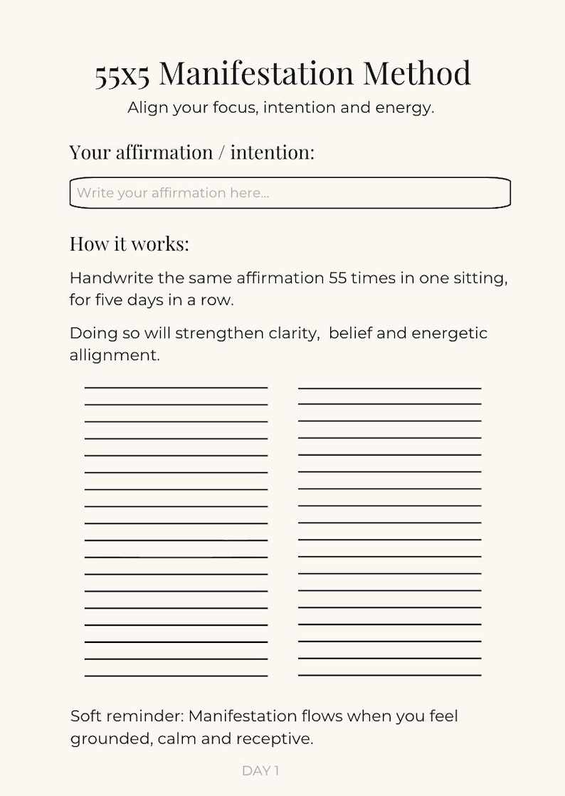 55x5 Manifestation Method Printable | Law of Attraction Worksheet ...