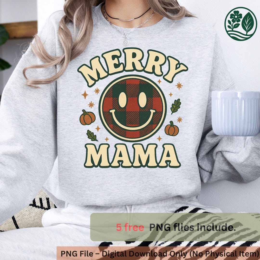 Merry Mama PNG, Buffalo Plaid Smiley Face, Fall Pumpkin Design (digital ...