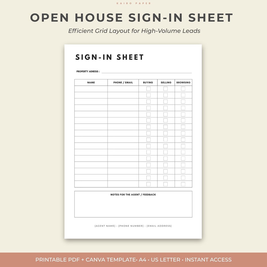 Open House Sign-in Sheet Template | Realtor Marketing Canva & PDF ...
