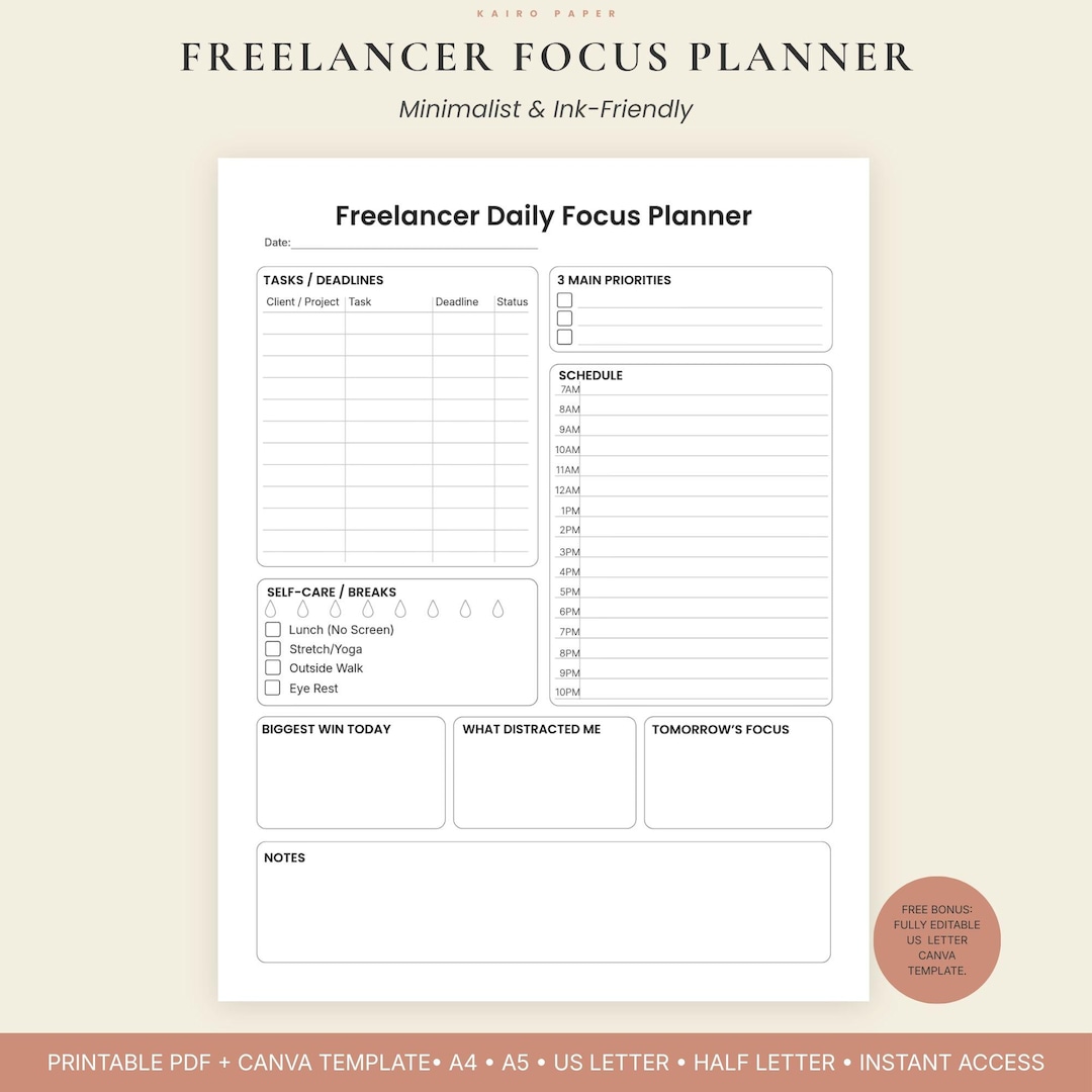 Freelancer Daily Focus Planner, Minimalist Productivity Tool, Canva ...