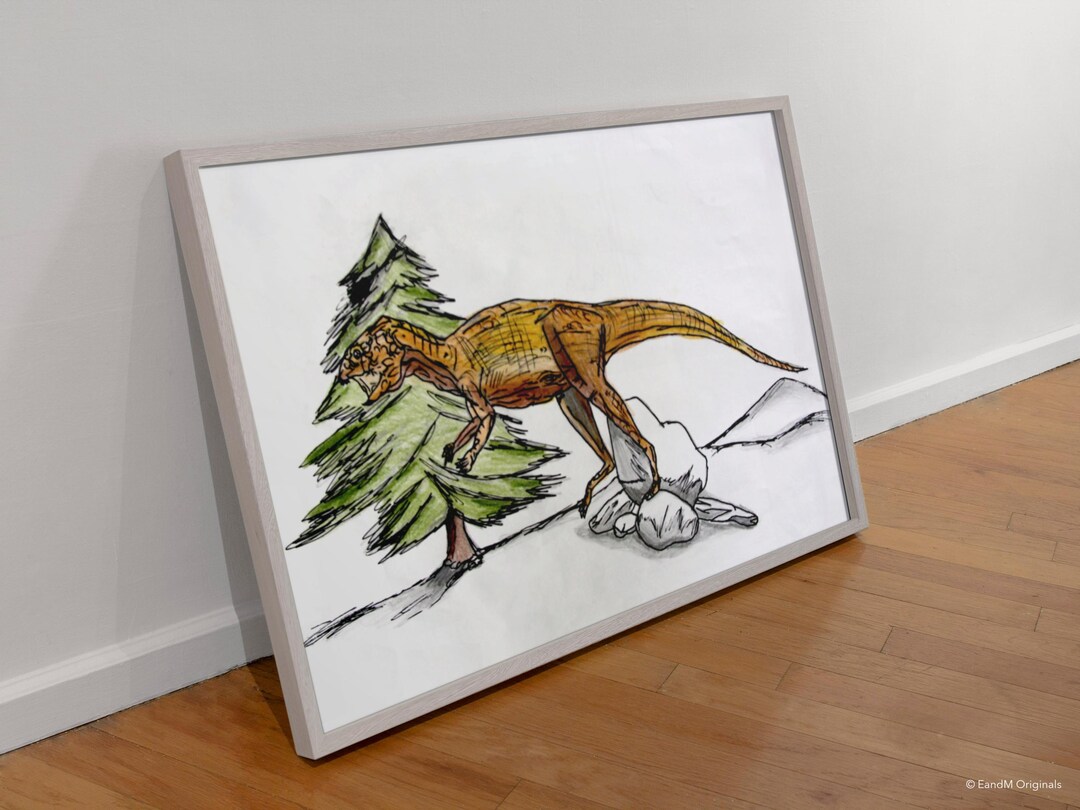 Hand Drawn Dino Landscape Art, Prehistoric Scene Illustration, Digital ...