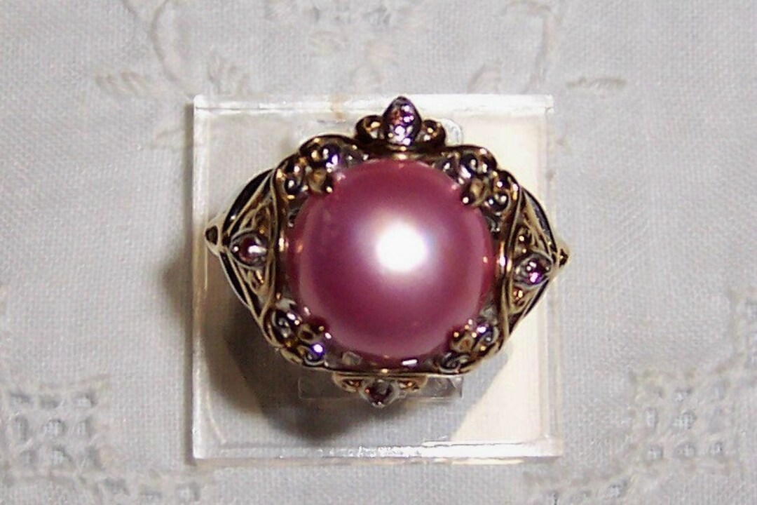 Vintage Pink Mabe Pearl and Pink Diamonds Ring, Size 11.25. Sterling ...