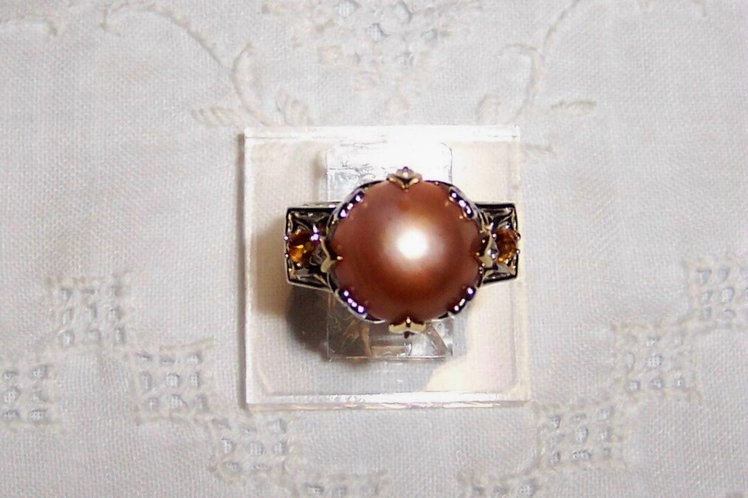 Vintage Golden or Peach Mabe Pearl Ring, Size 8.25. Sterling Silver and ...
