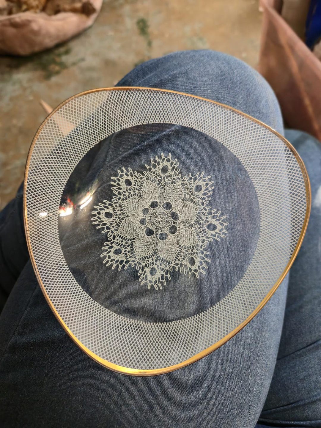 Vintage Chance Glass Lace Pattern Plate Gold Rim England Mid Century 7. ...