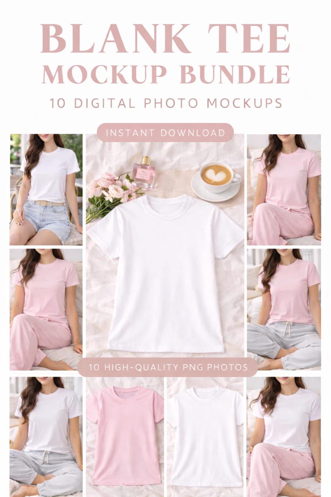 Feminine T-shirt Mockup Bundle | White & Pink Tee, Flat Lay (PNG Files ...
