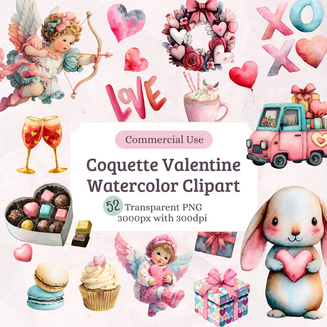 Coquette Valentine Watercolor Clipart | Commercial Use | 52 PNG | Pink ...