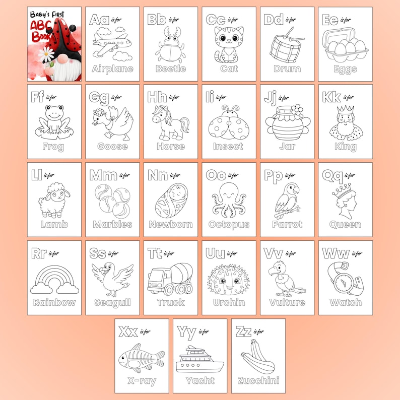 Alphabet Coloring Book Baby Shower Yellow Gnome Activity, First ABC ...