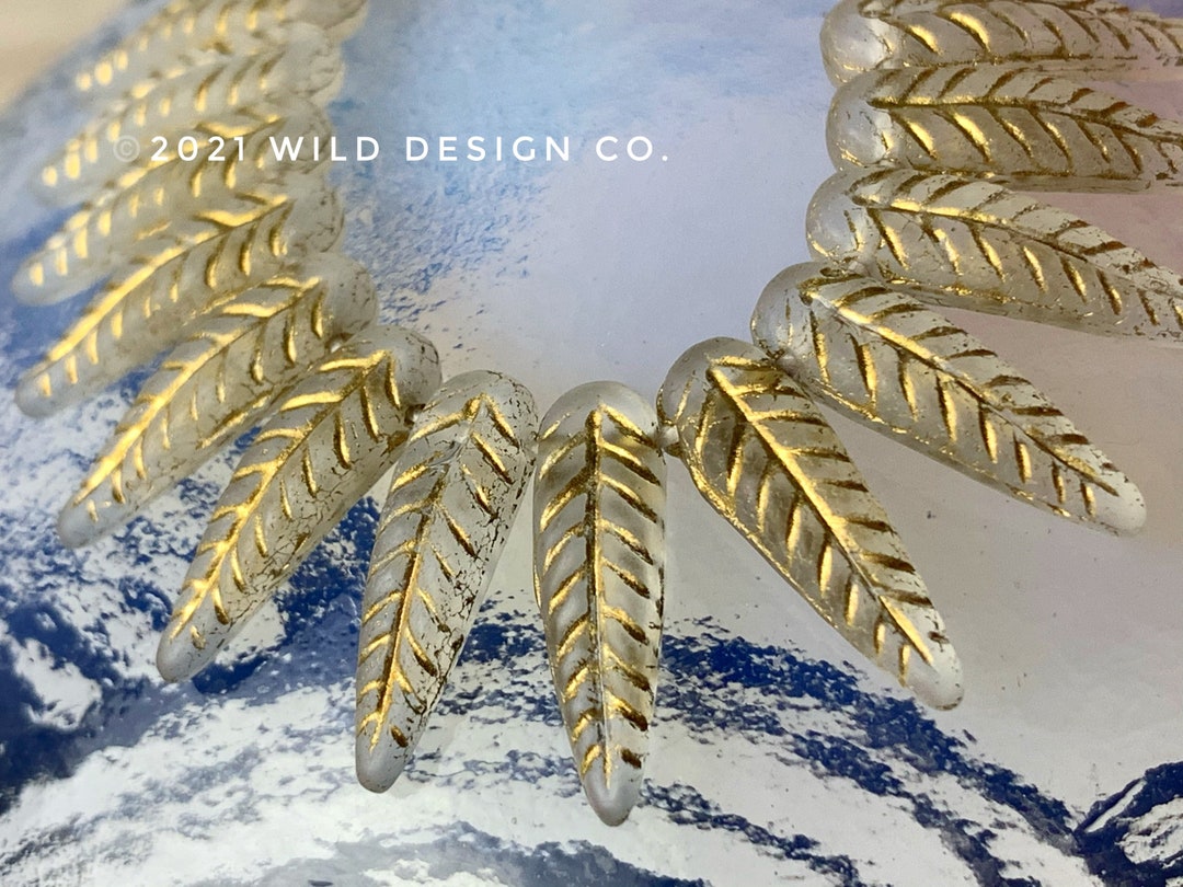 Feather Beads Czech Glass Clear W Gold Wash 15pc 17mm Glass Feather ...