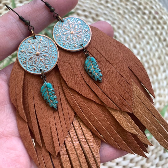 Brown and Turquoise Leather Earrings Feather Earrings Genuine Leather Long Leather Earrings Cowgirl Fringe Earrings Western Earrings Etsy Canada