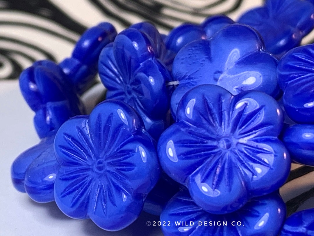 Blue Flower Beads 14mm Cobalt Blue Glass Flower Beads 10pc Cherry ...