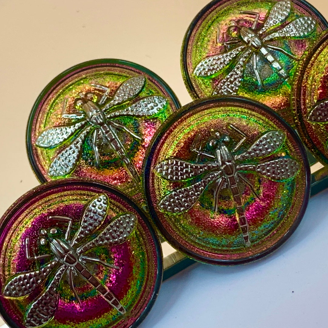 Czech Dragonfly Buttons Pink Green Vitrail Metallic Czech Glass ...